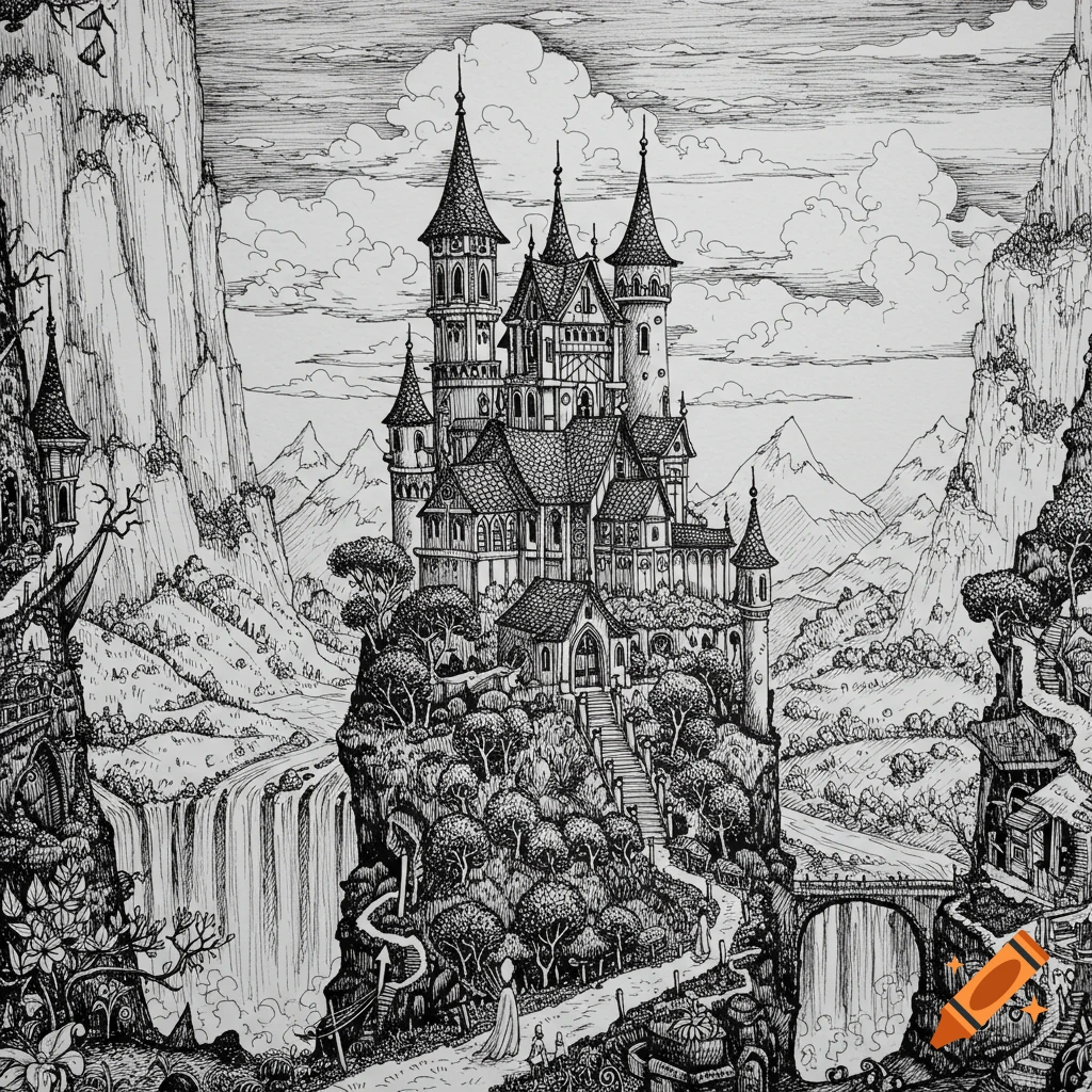Pen drawing of a magical fairy fantasy landscape with a building in ...