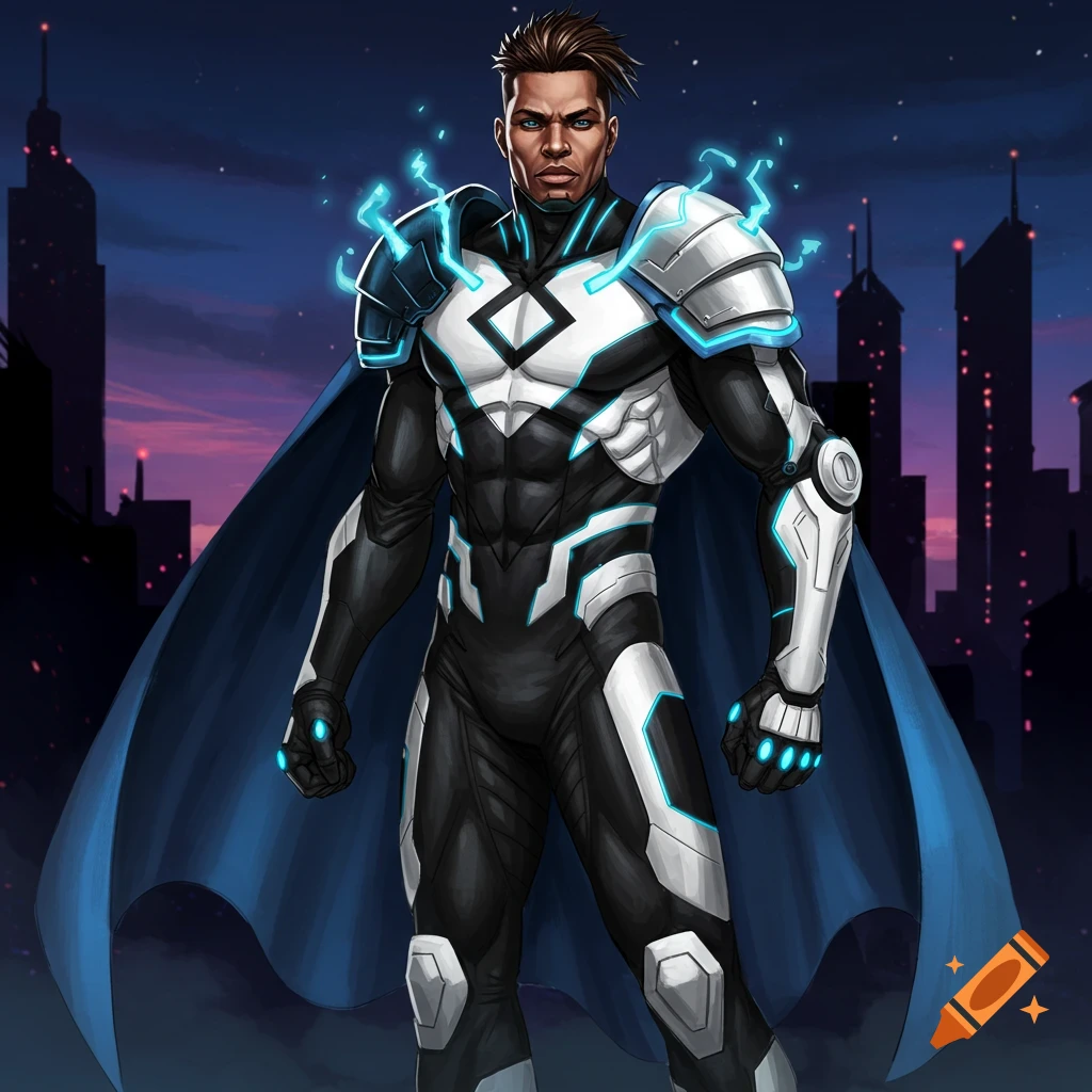 Armored superhero suit in black, white, and blue with shoulder cape on ...