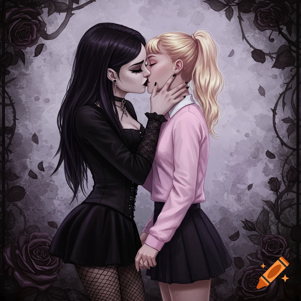 Goth girl kissing preppy girl on Craiyon