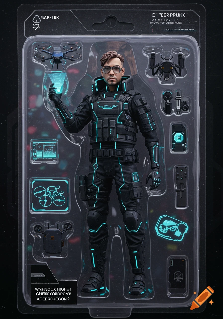 Realistic cyberpunk action figure in blister packaging with drone and ...