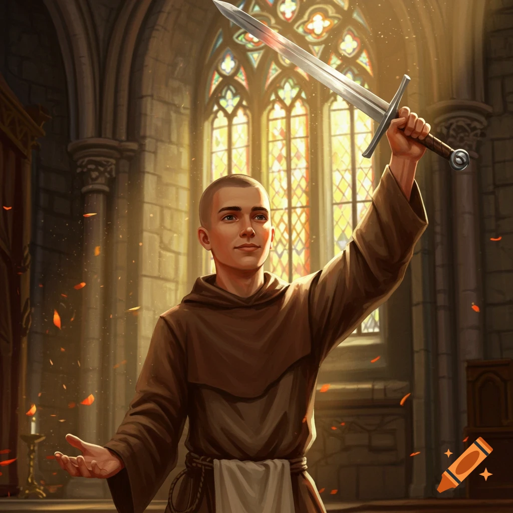 A young person in a brown robe holding a sword aloft inside a sunlit ...