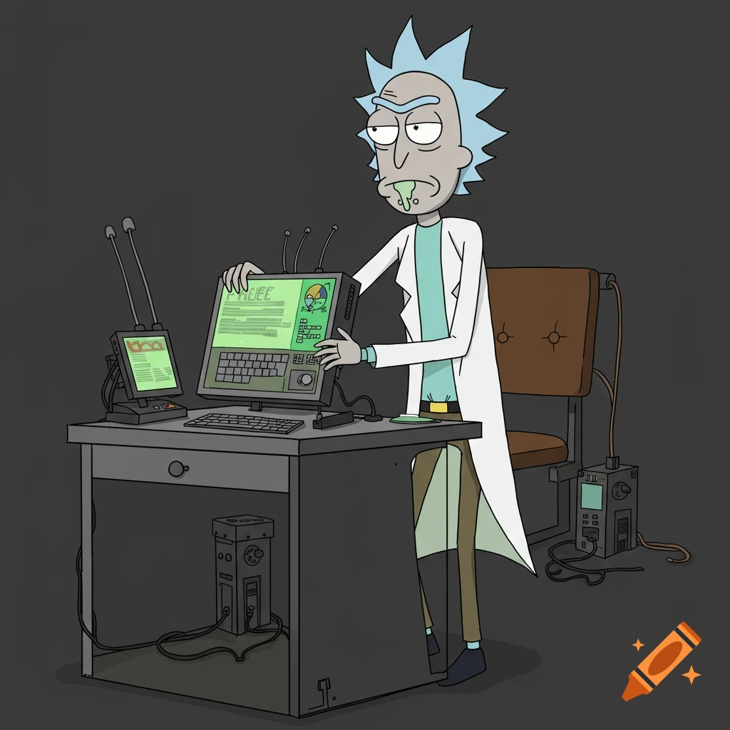 Rick Sanchez from Rick and Morty stands at a computer desk. on Craiyon