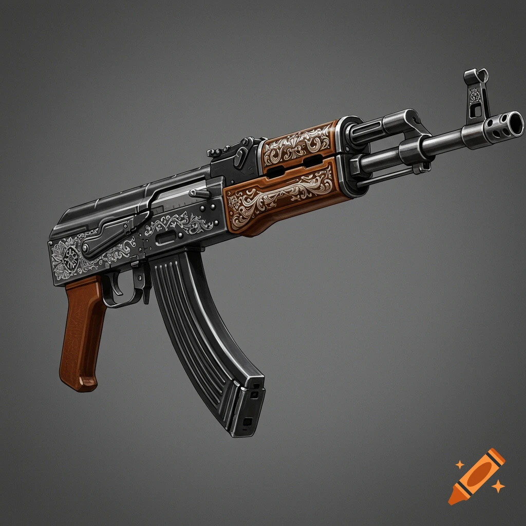 Stylized rifle held by a hand with bullets flying, next to a metal sign ...