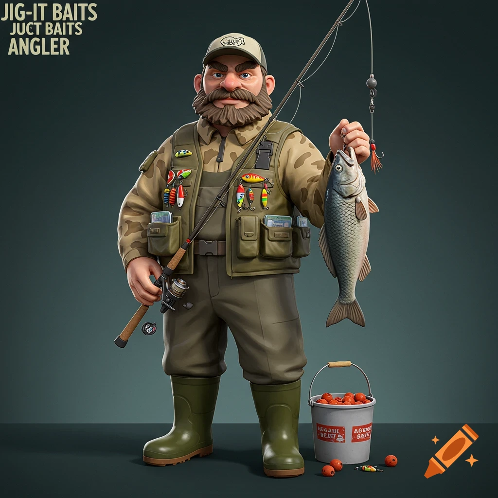 A stylized cartoon fisherman character holding a fish and a rod next to ...