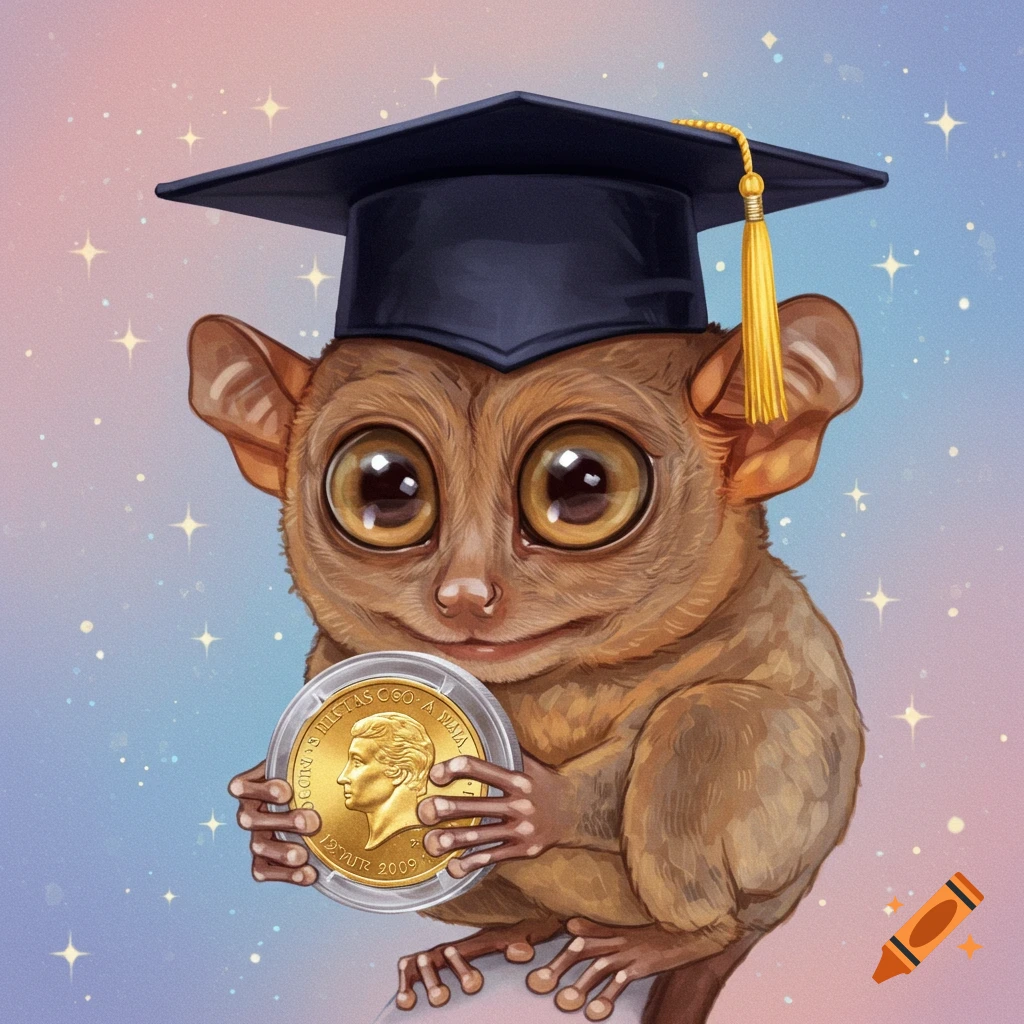 Tarsier wearing graduation hat holding PCGS MS70 coin slab on Craiyon