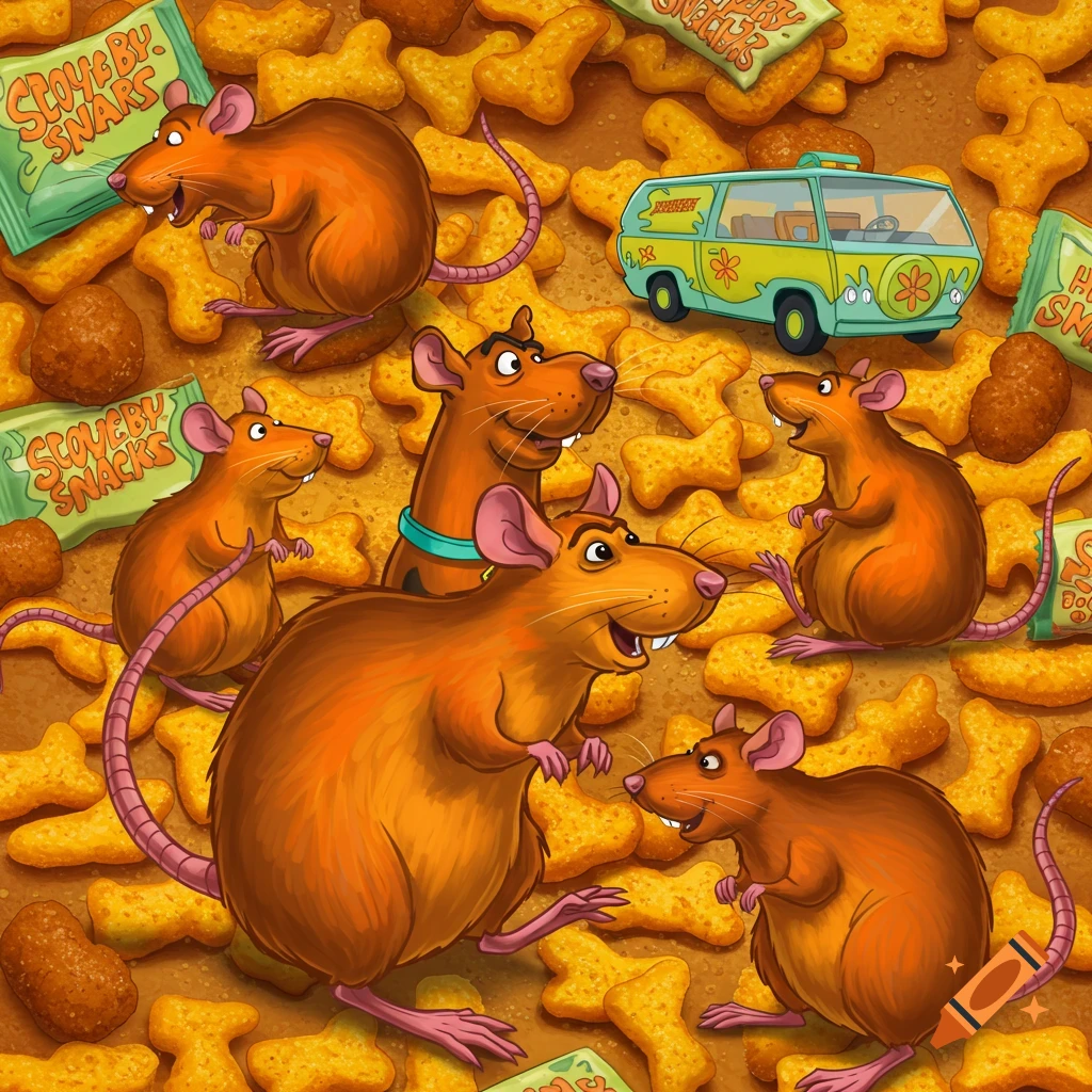 Scooby-Doo and rats gather around Scooby Snacks and the Mystery Machine ...