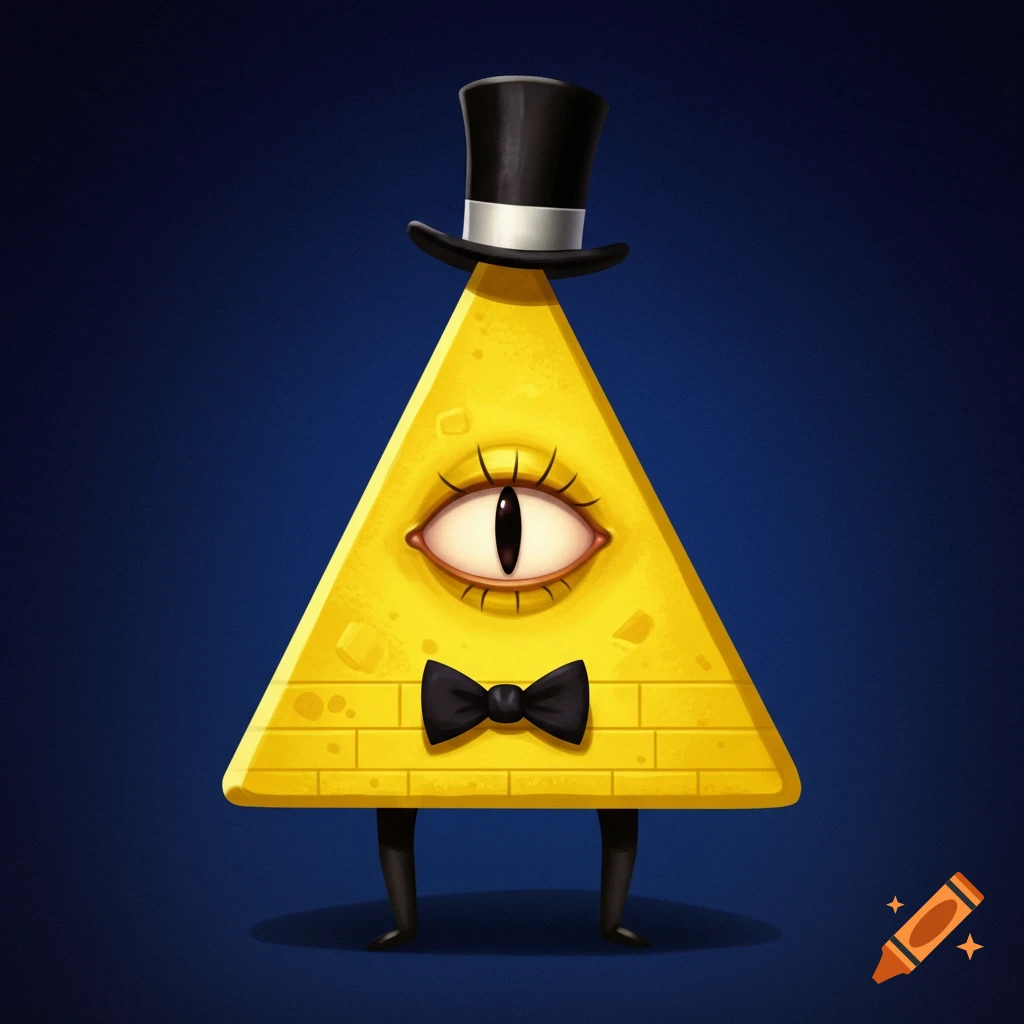 A cartoon yellow triangle character with a top hat, checkered bow tie ...