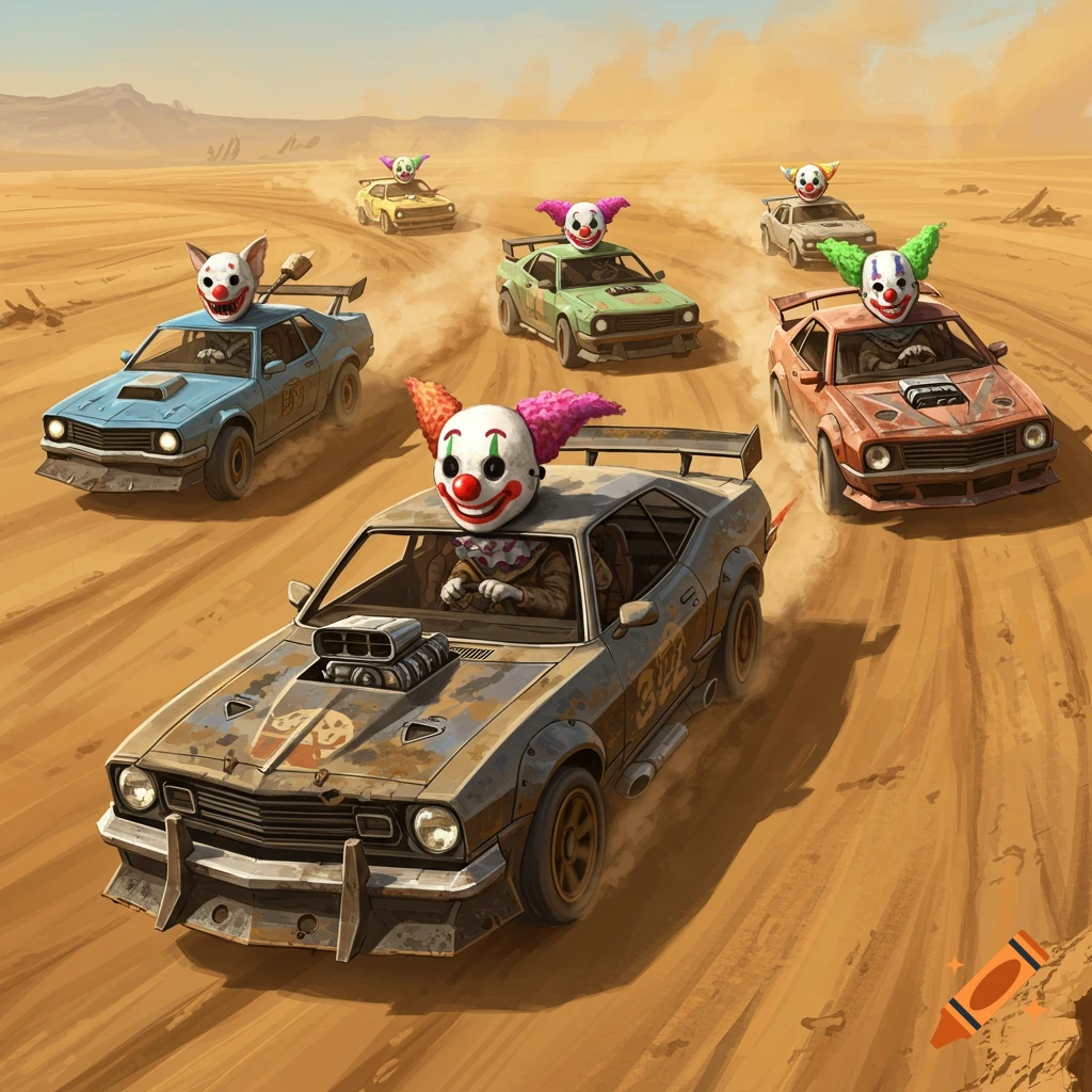 Post-apocalyptic vehicles race through a desert landscape filled with ...