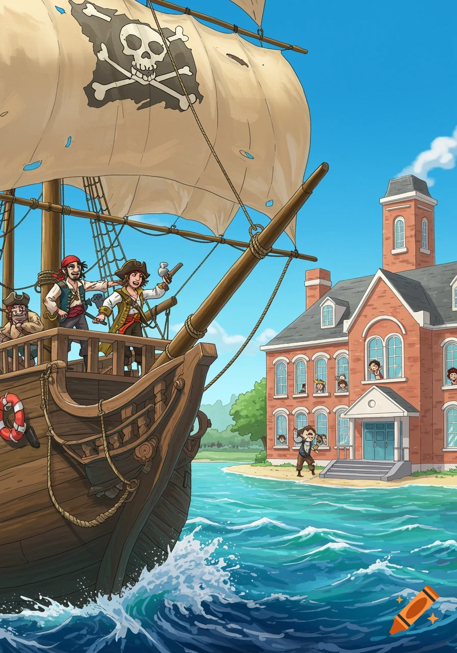Cartoon pirate ship sailing towards a brick school building with ...