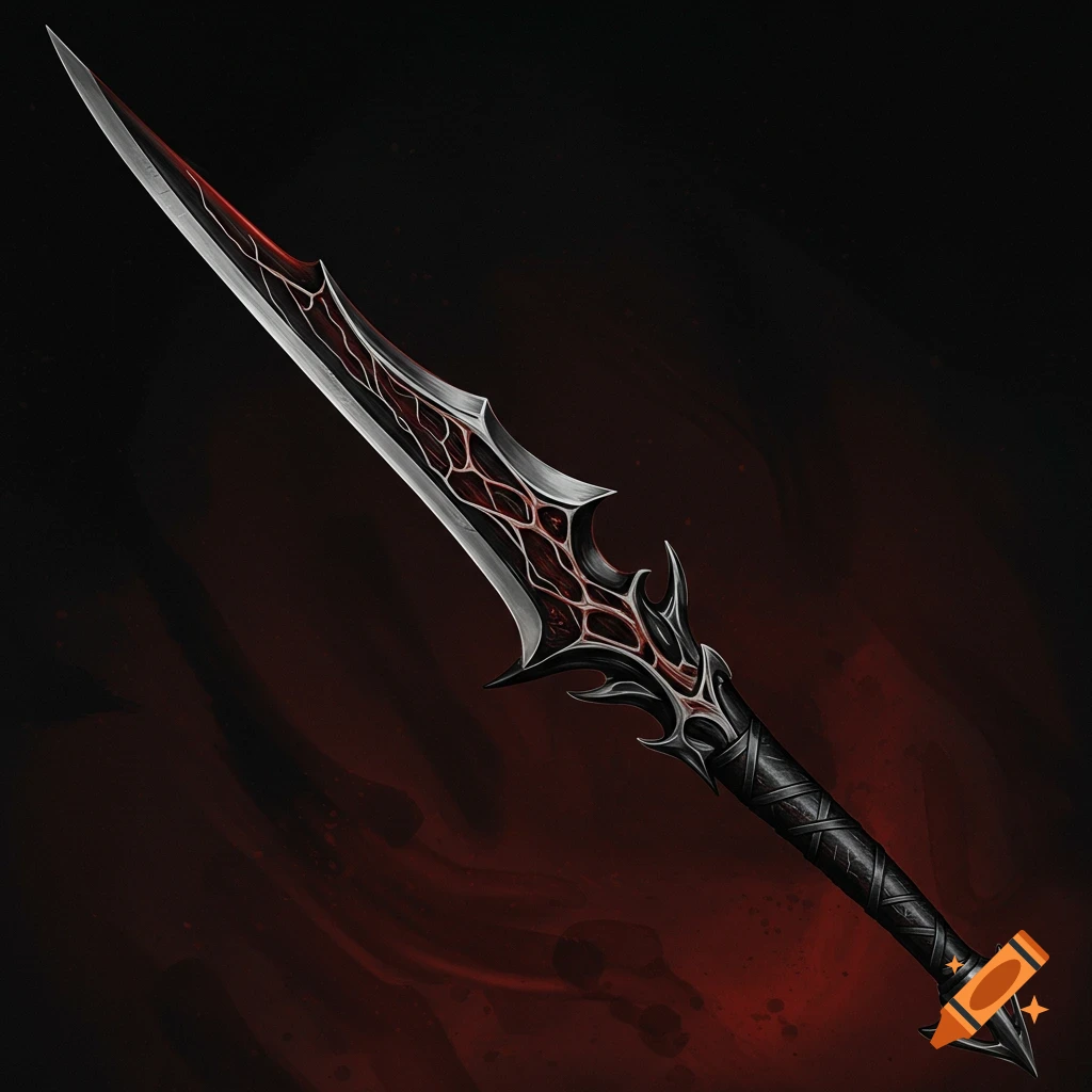 A fantasy dagger with a dark blade featuring red vein patterns and a ...