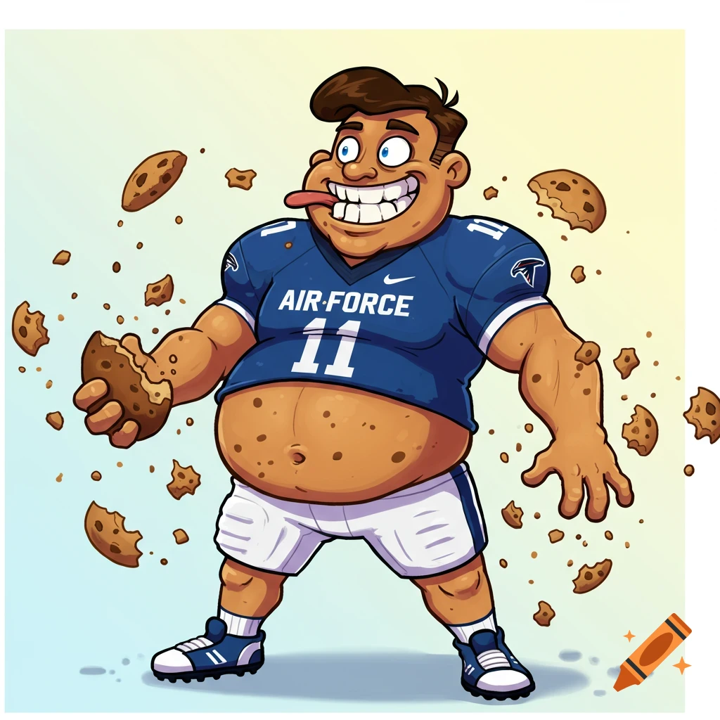 Cartoon of Cookie Jim in Air Force football apparel on Craiyon