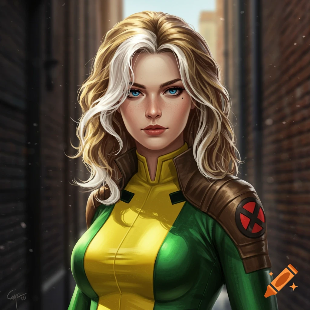 Portrait of Rogue from X-Men in her green and yellow costume on Craiyon