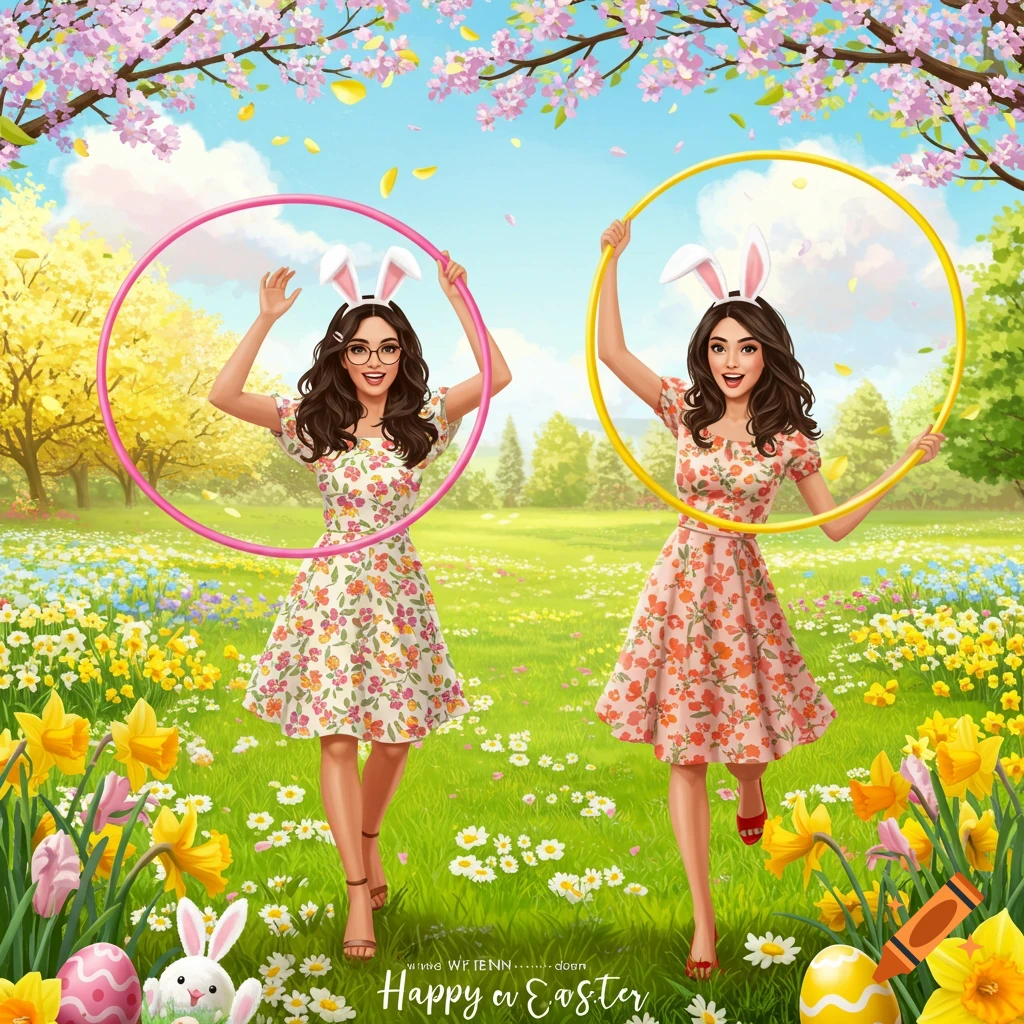 Easter greeting card with two brunette 30 year olds holding hula hoops ...