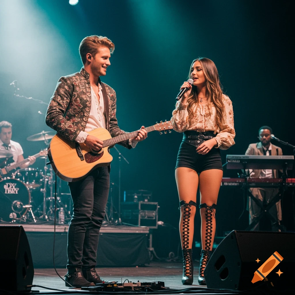 Male guitarist and female singer on stage in Renaissance-inspired ...