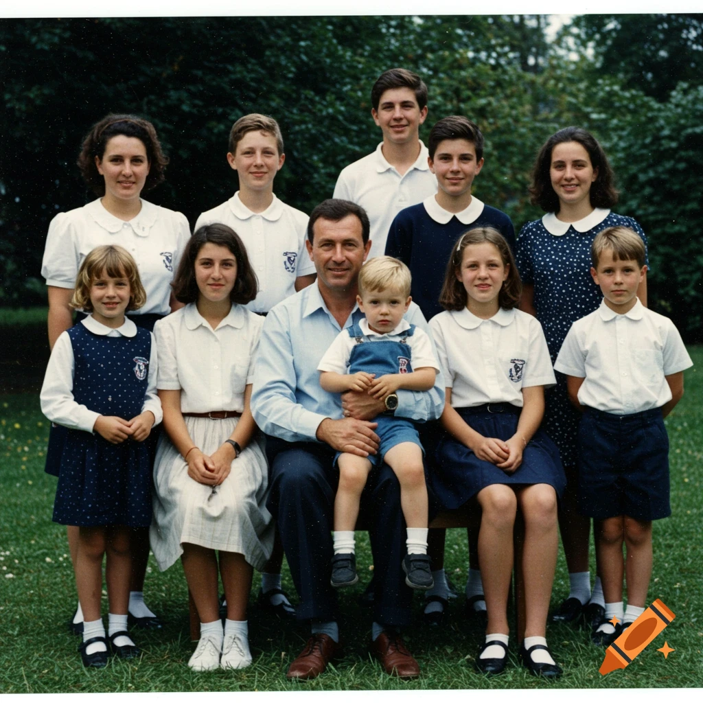 1990s family photo of a large family with a boy in a blue skirt on Craiyon