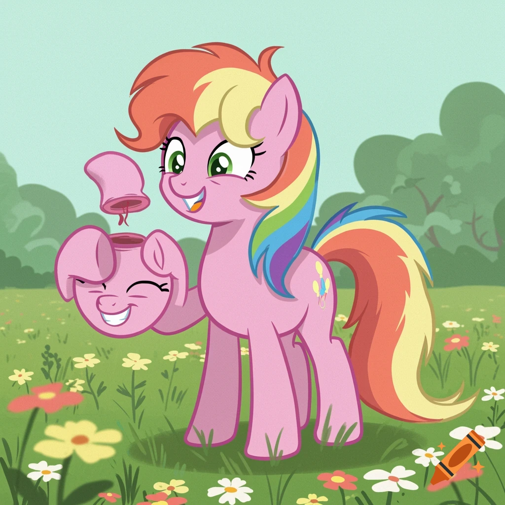 A pink cartoon pony stands in a field holding its smiling detached head ...
