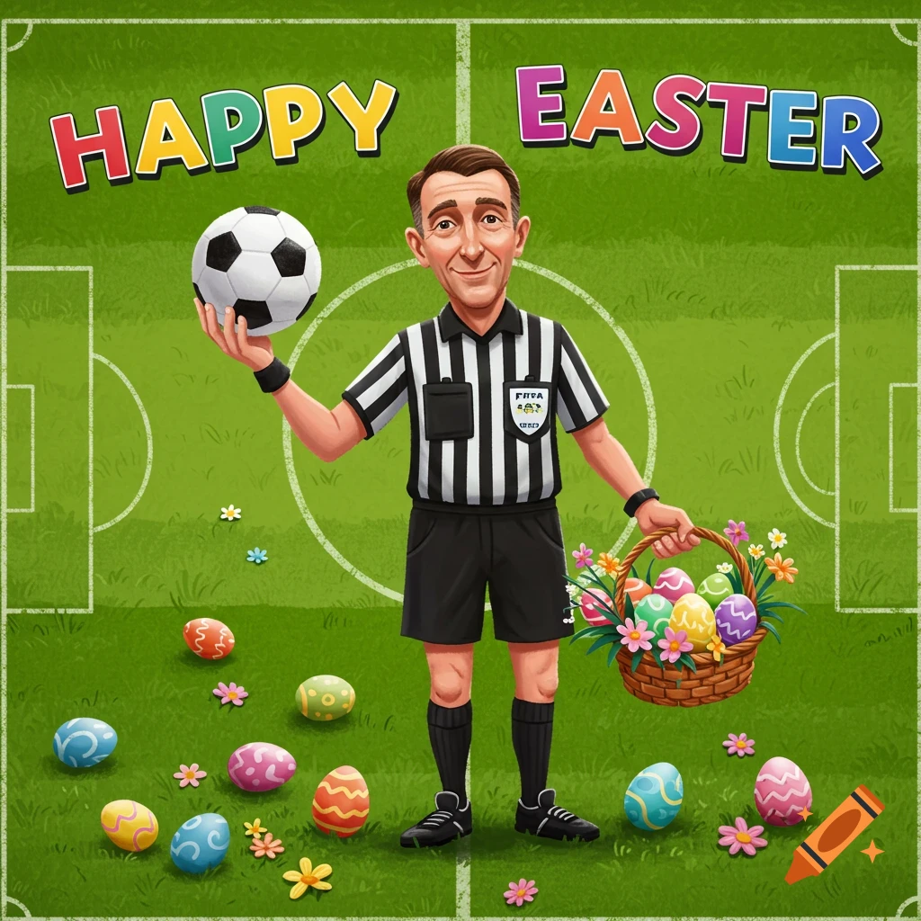 A soccer referee holding a ball and a basket of Easter eggs on a field ...
