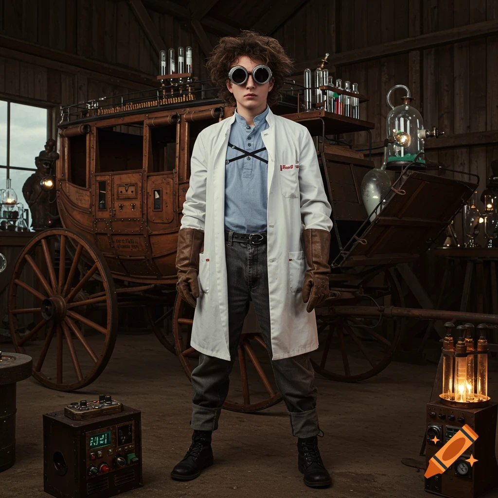 Photorealistic mad scientist with steampunk gadgets in barn laboratory ...