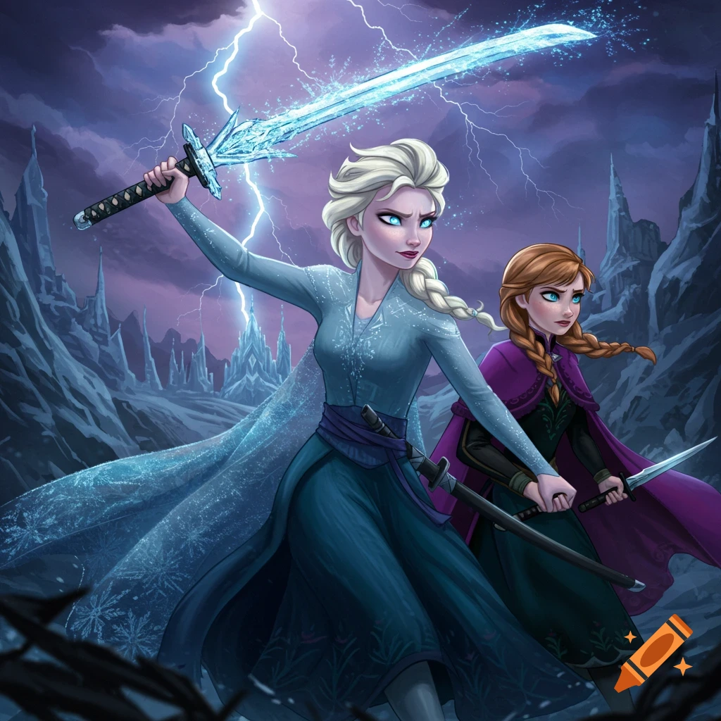 Elsa and Anna from Frozen hold hands in a snowy forest with falling ...