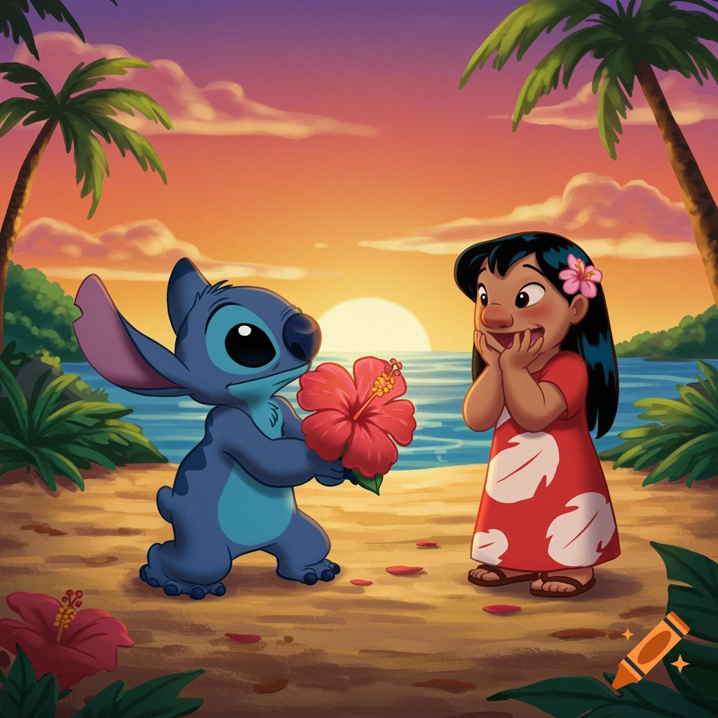 Lilo and Stitch cartoon characters sit on a sandy beach at sunset with ocean waves and palm ...