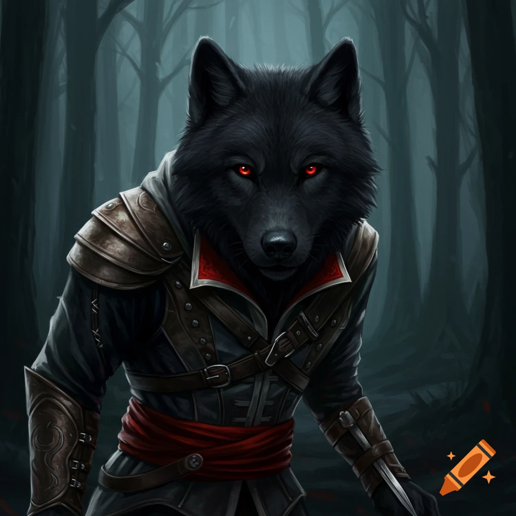 Black wolf with red eyes in Assassin's Creed outfit on Craiyon