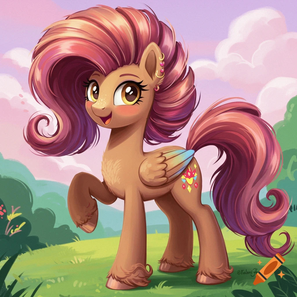 A cartoon My Little Pony character in a safari hat and jacket stands in ...