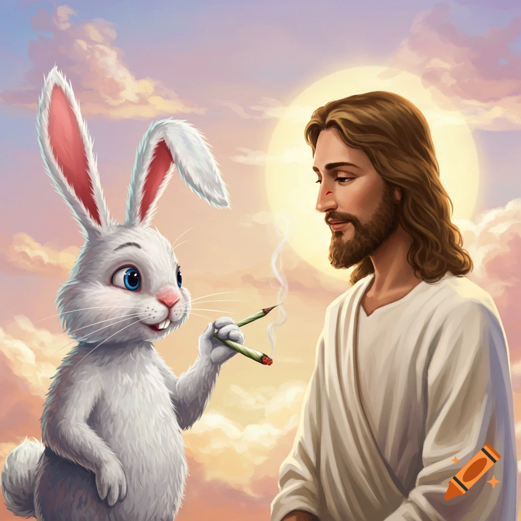 A cartoon rabbit offers a lit joint to Jesus under a bright sky. on Craiyon