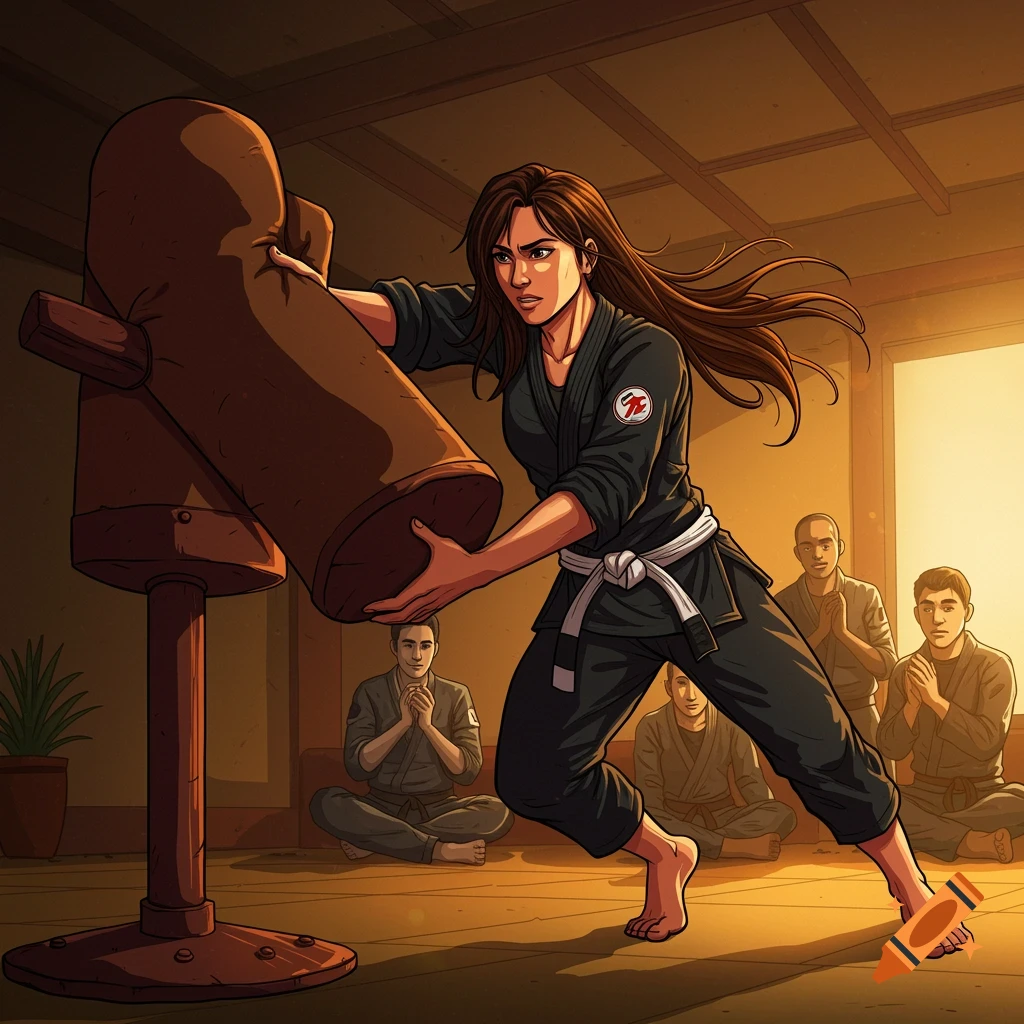 Comic book style of a woman in a gi striking a training dummy in a dojo. on Craiyon