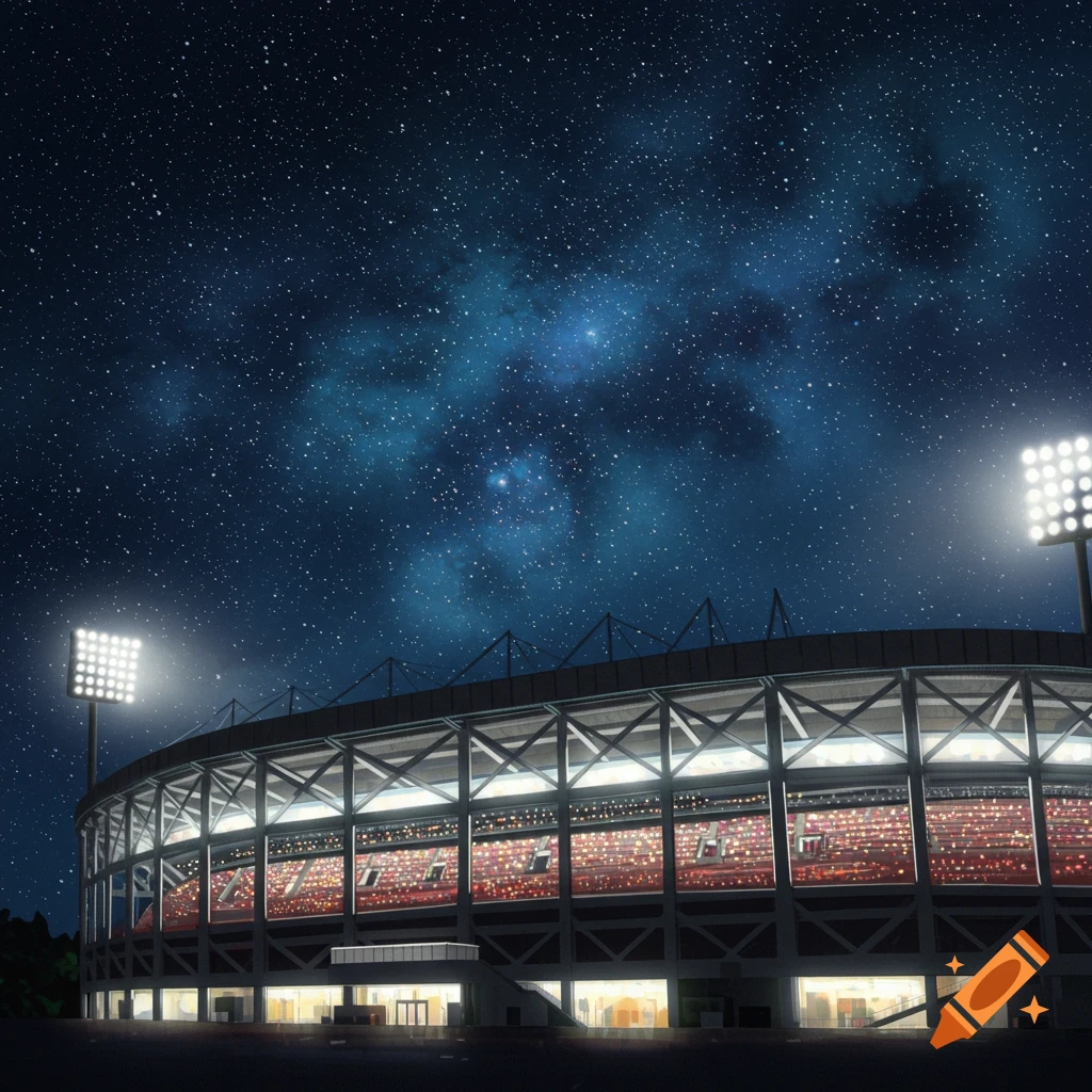 A large stadium at night under a starry sky on Craiyon