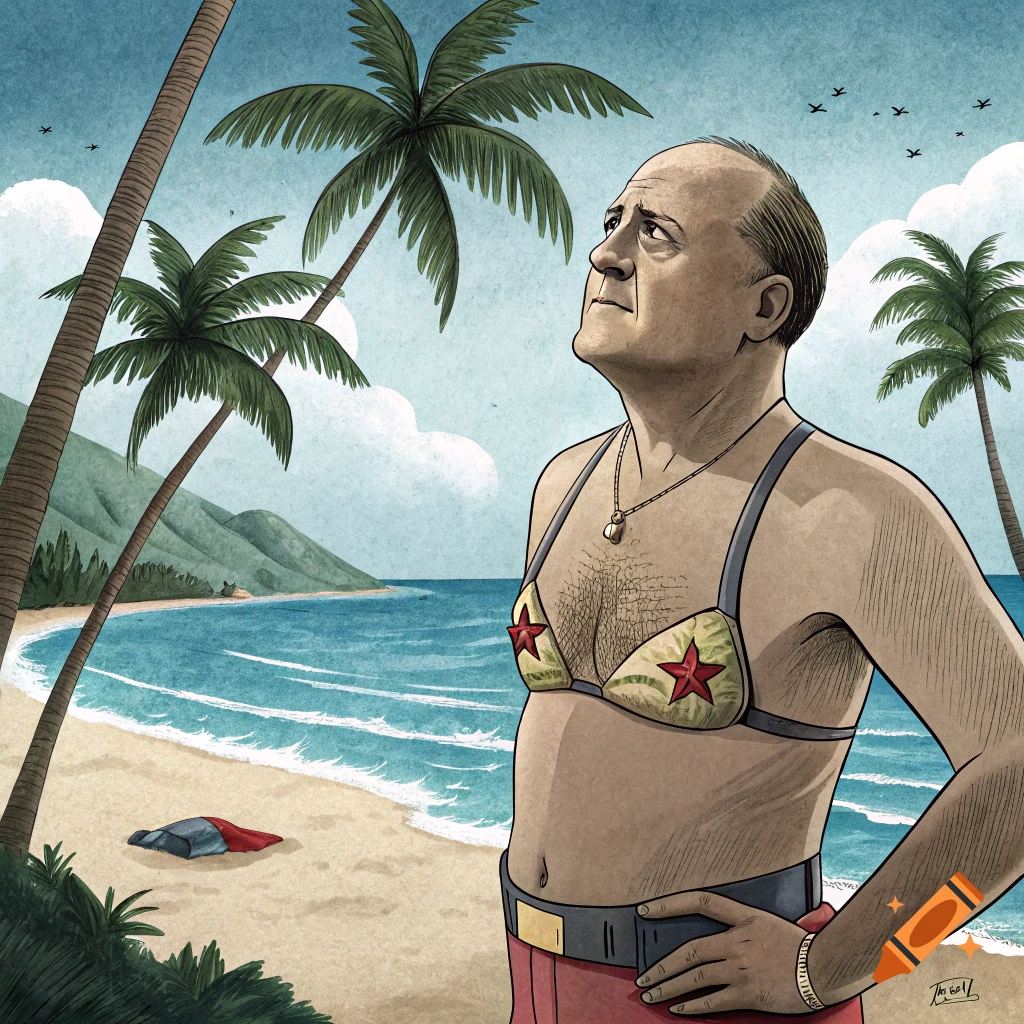Cartoon illustration of Benito Mussolini wearing a star-spangled bikini top and red pants on a ...