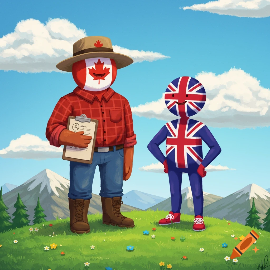 Canada and the United Kingdom as characters on a hilltop on Craiyon