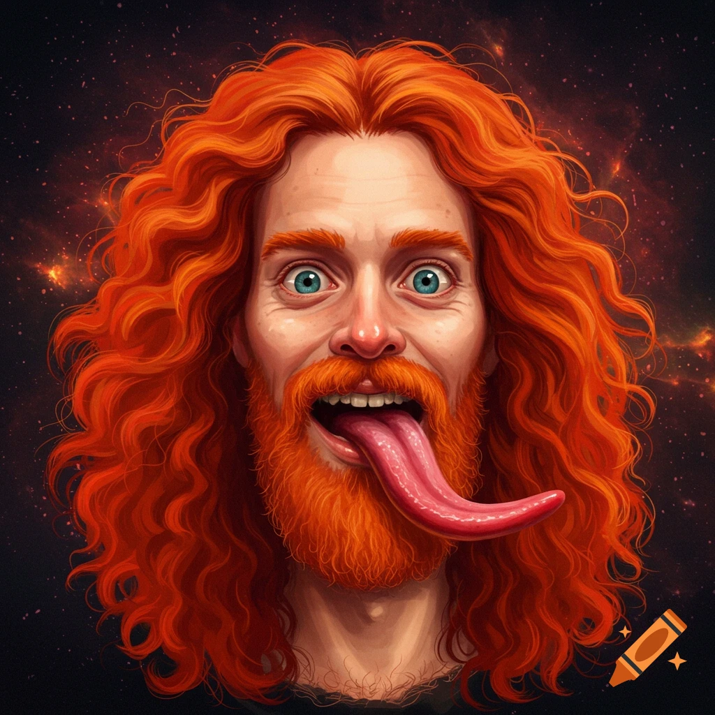 Man with long curly ginger hair, short ginger beard, and long tongue on ...