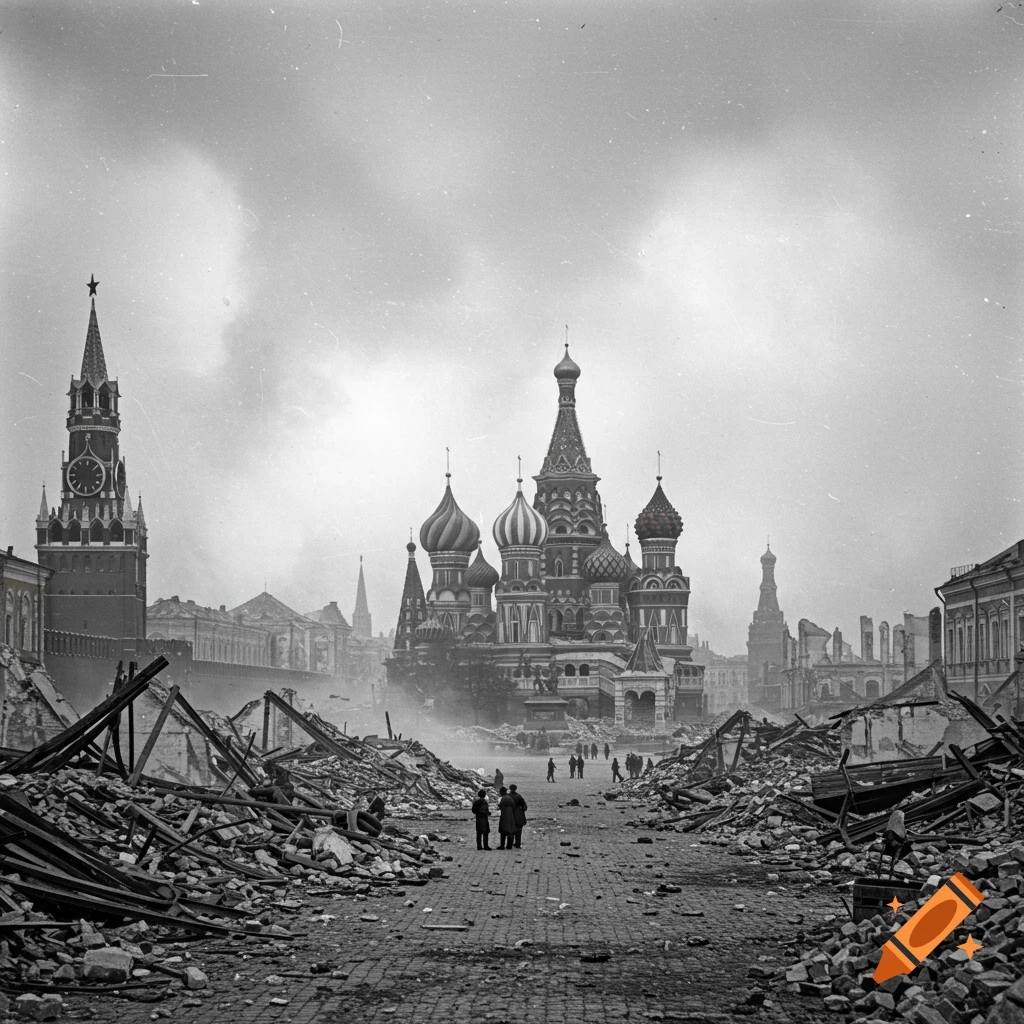 Black and white photo of Moscow in ruins with St. Basil's Cathedral and ...