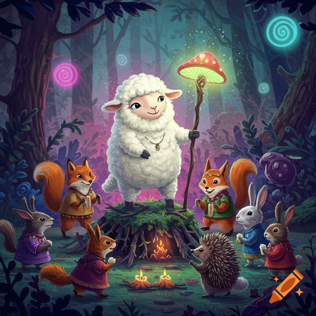 Illustration of a child, rabbits, and goat facing a green monster by a ...