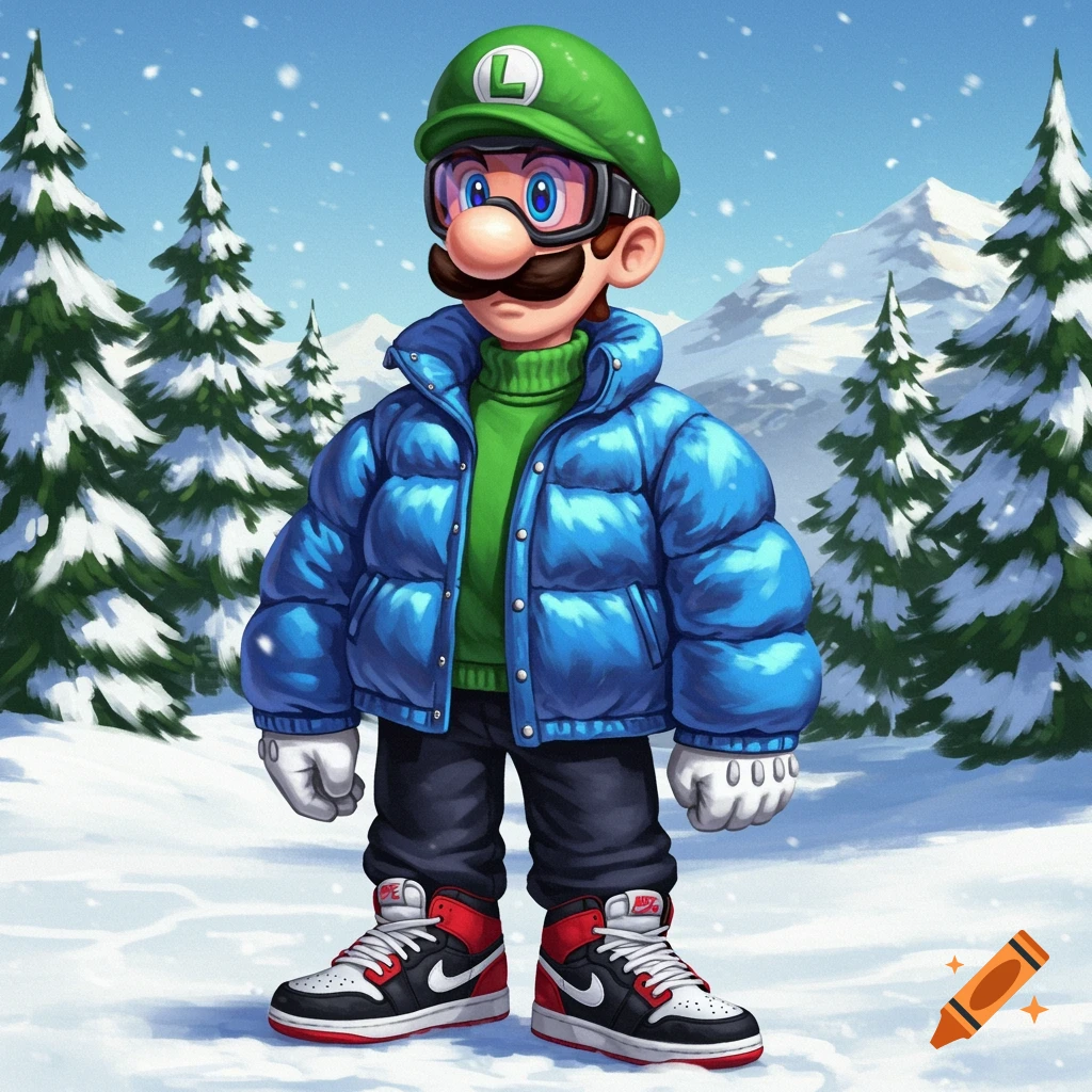 Luigi from Mario in ski mask, puffer jacket, and Jordans on Craiyon