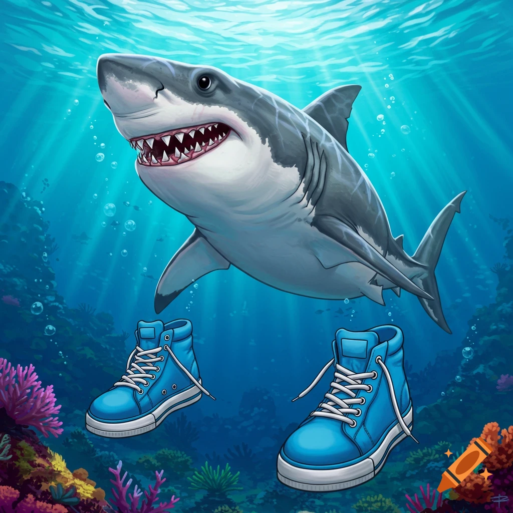 A cartoon shark swims underwater with two blue shoes floating below it amidst coral and fish. on ...