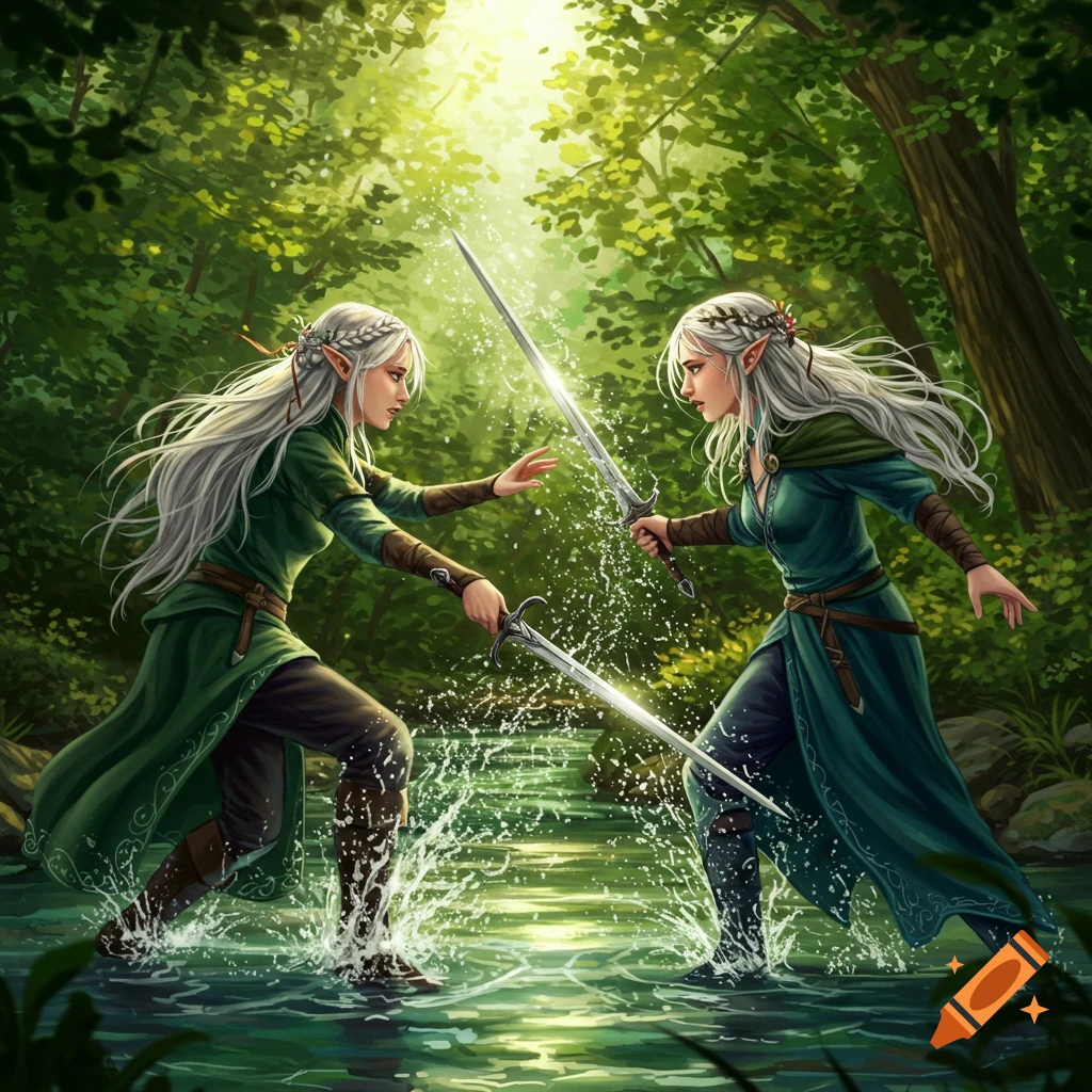Two elven females sword fighting in a creek in the woods with water droplets flying. on Craiyon