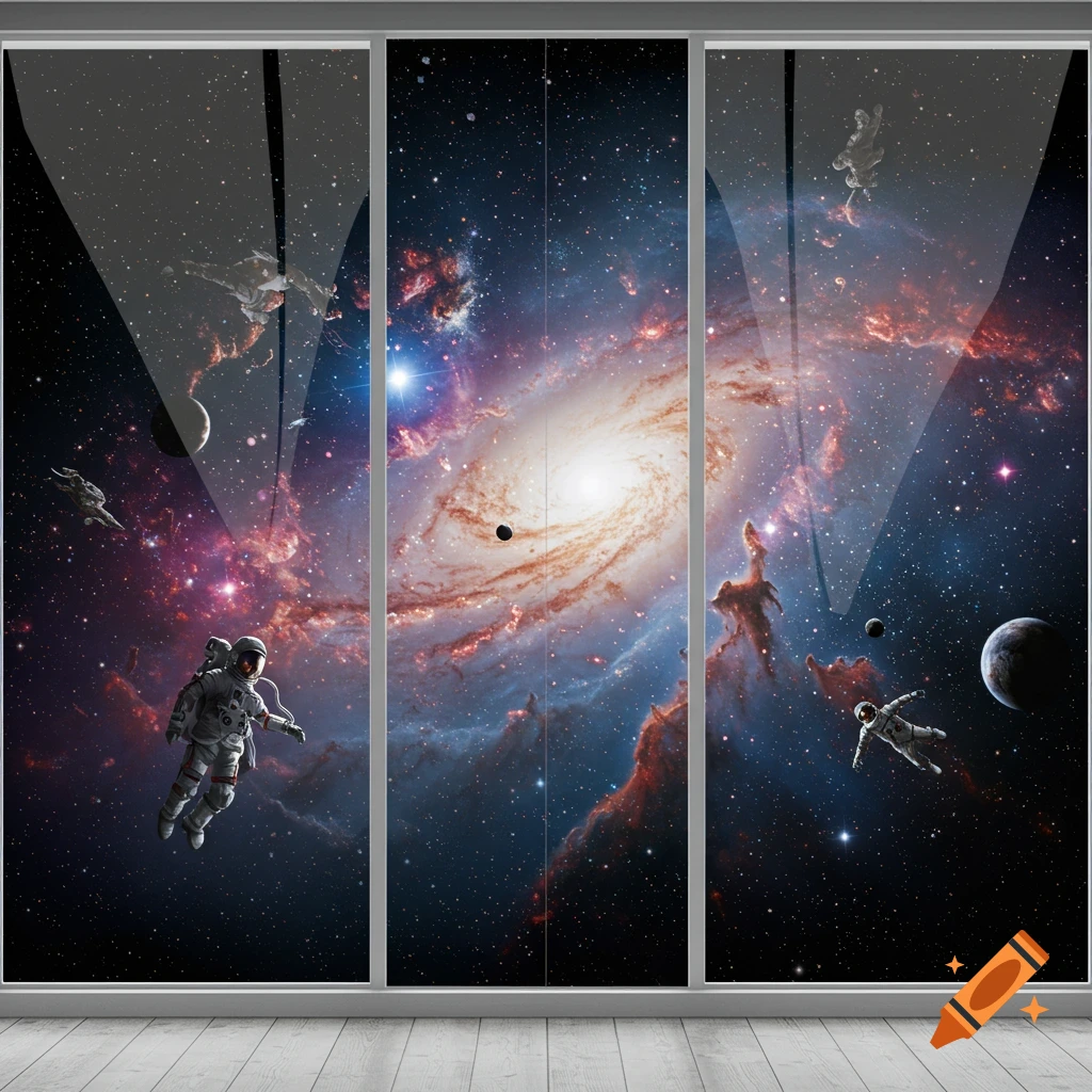 Modern mural with space motives and astronauts on wall with windows on ...