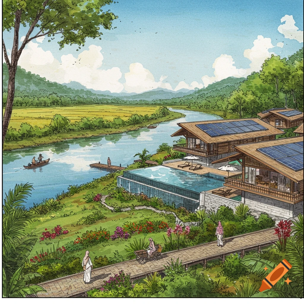 River landscape with symbols illustrating transport of matter ...