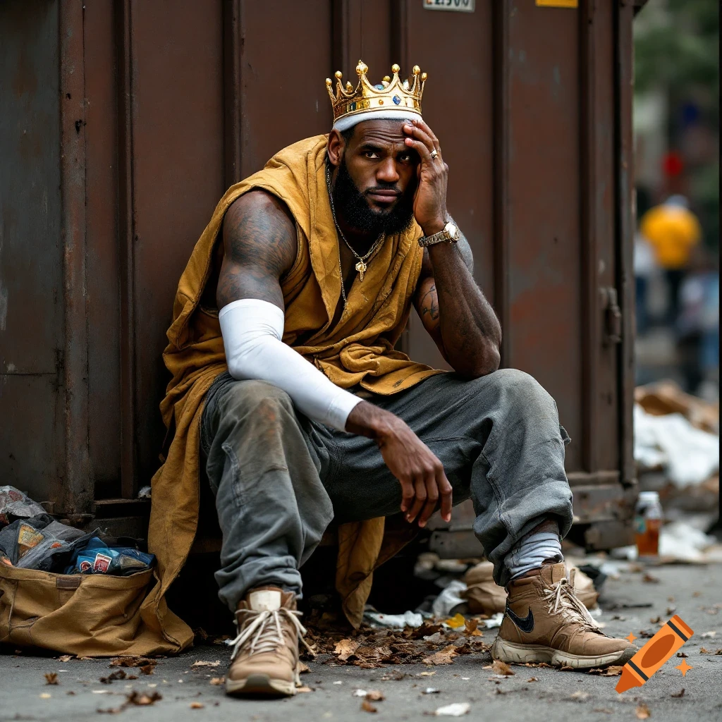 Lebron James as a homeless man with a crown sitting on a dumpster on ...