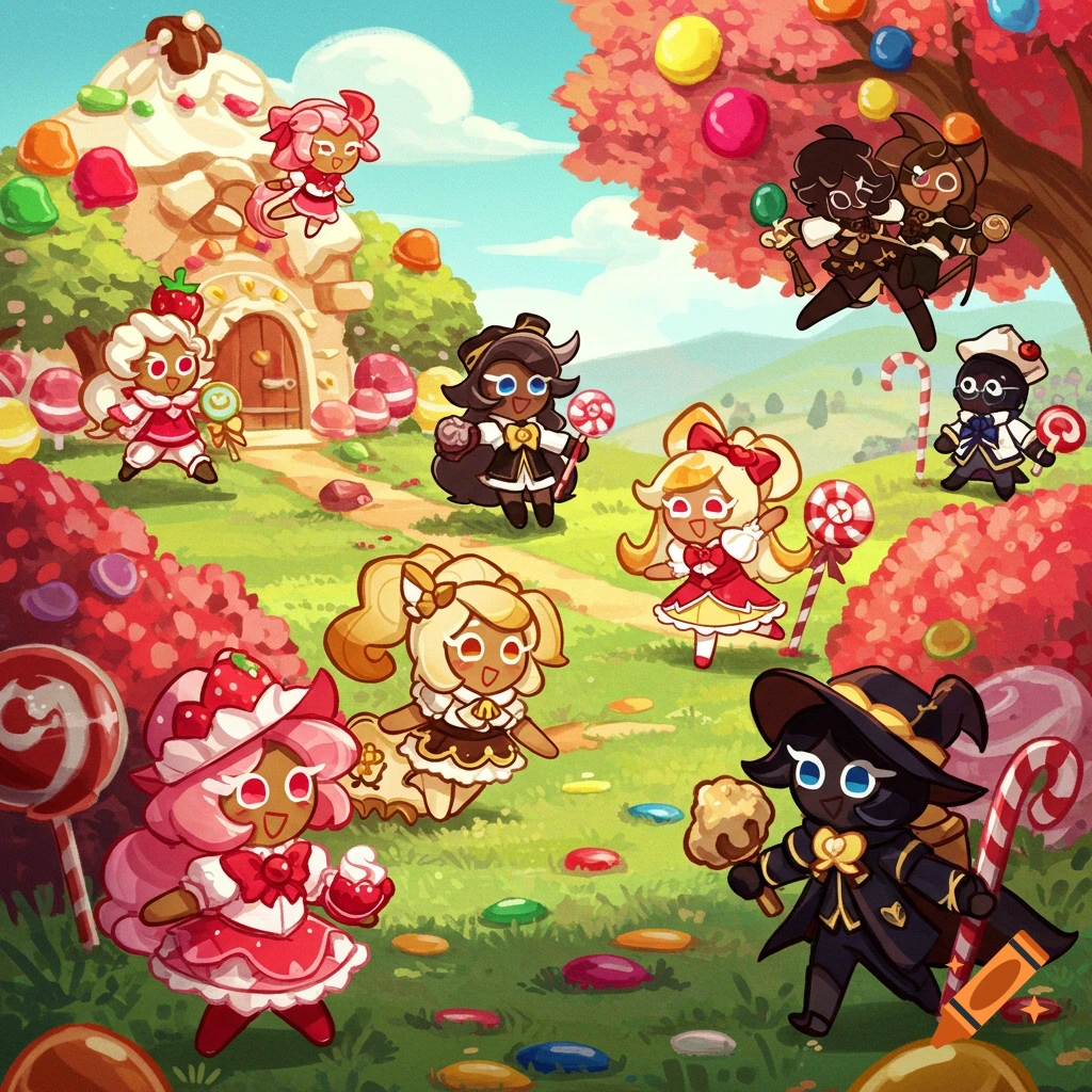 Anime style character dressed like a cookie in a candy land landscape ...