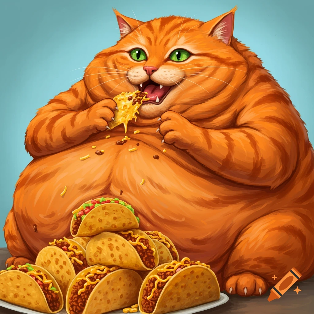 A very fat orange cat eating a taco, with a pile of tacos nearby. on Craiyon