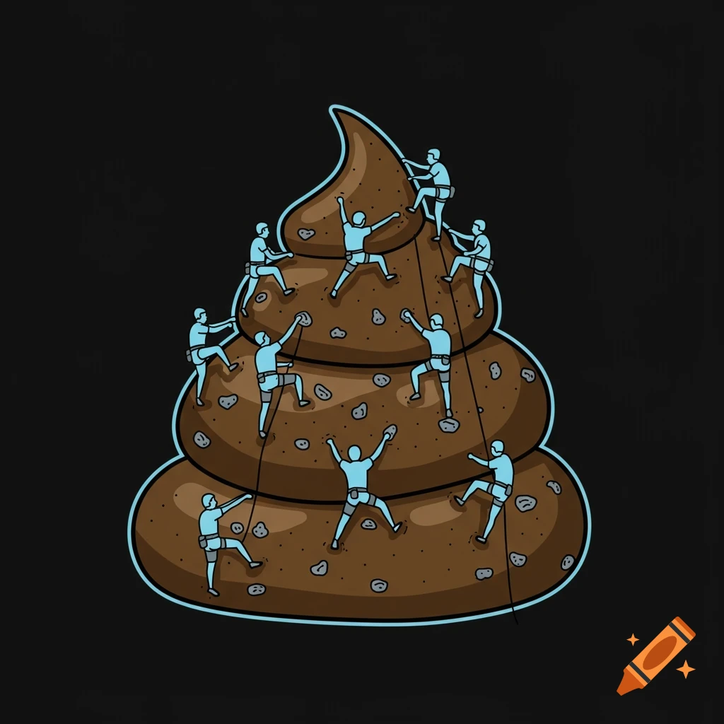 Cartoon poop with climbers on a black background on Craiyon