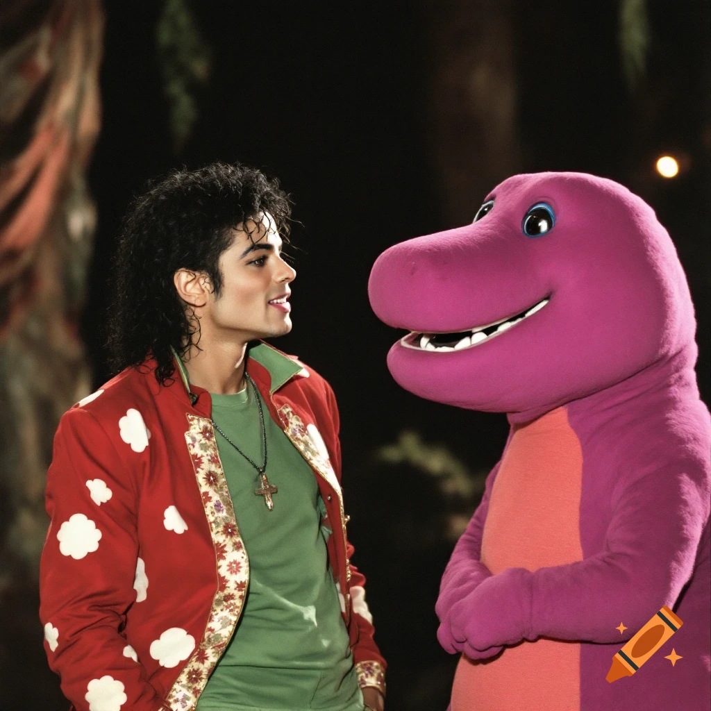 Michael Jackson meeting Barney the Dinosaur on Craiyon
