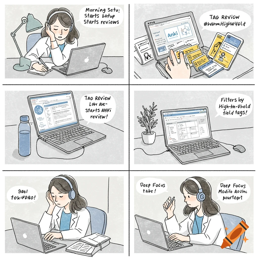 Storyboard of medical student using Anki flashcards in minimalist ...