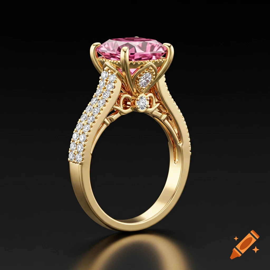 A beautiful gold engagement ring with a large circular pink diamond and ...