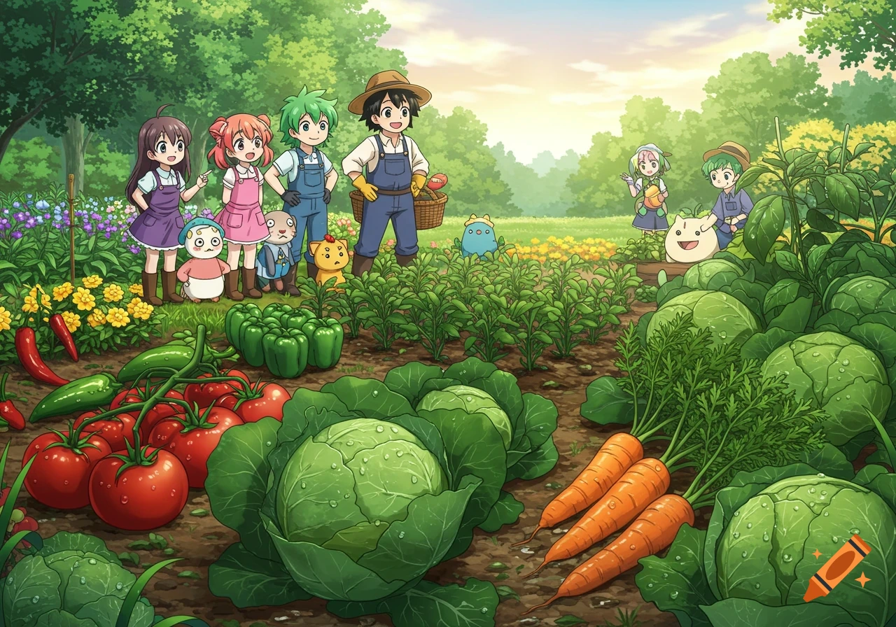 Anime-style image of a man in overalls and straw hat kneeling in a ...