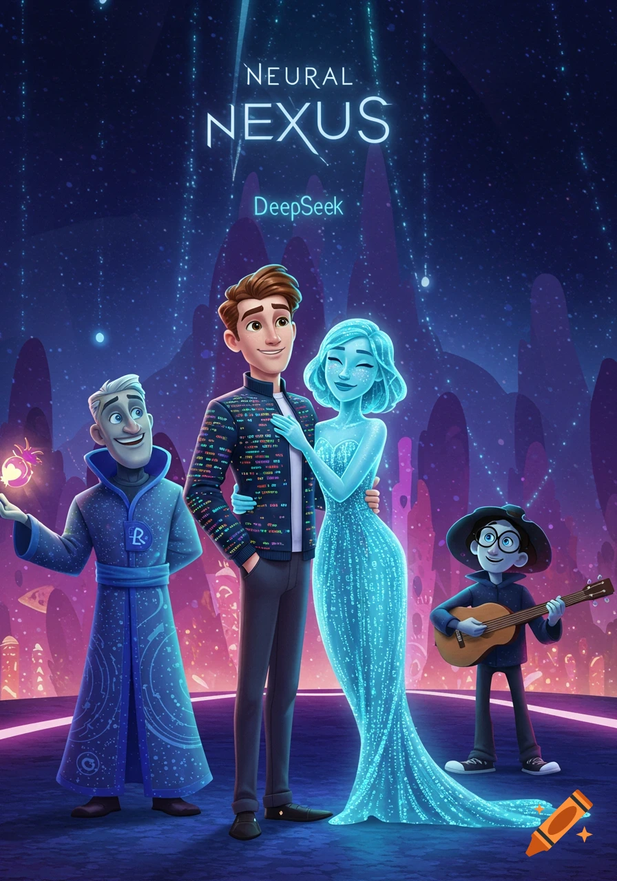 Disney-style digital fantasy scene of ChatGPT and DeepSeek in Neural Nexus on Craiyon