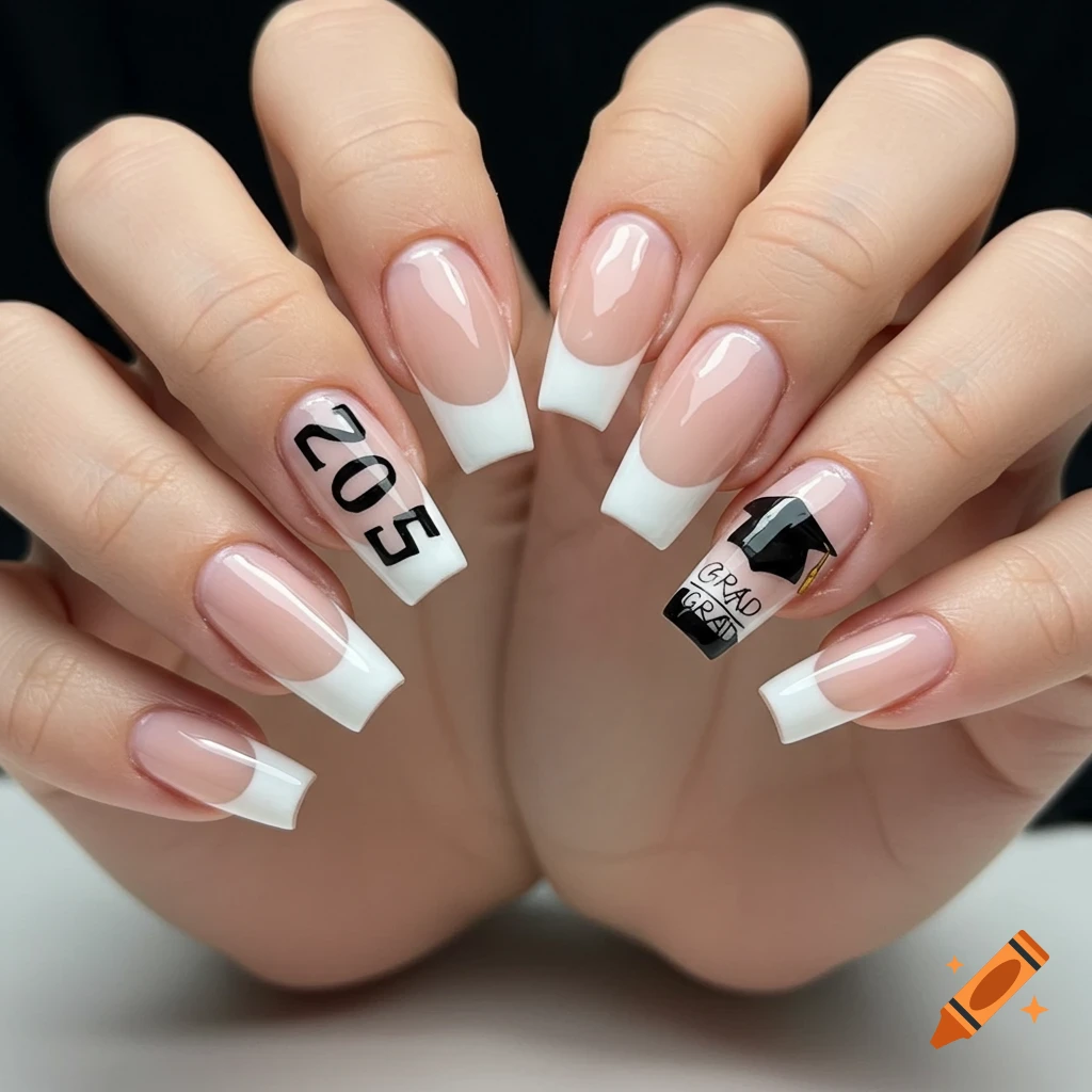 French tip square nails with '2025' and 'grad' text, graduation cap on ...