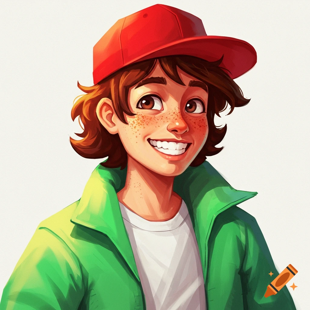 Person with red backwards hat, green jacket, brown hair, freckles, and ...